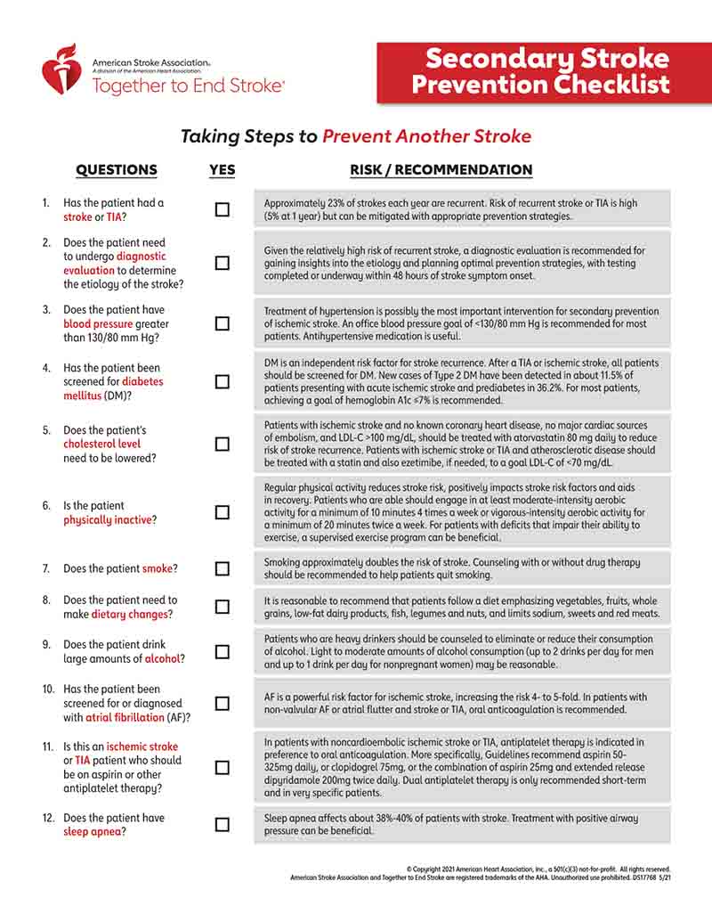 Secondary Stroke Prevention Checklist (Infographic) | American Stroke ...